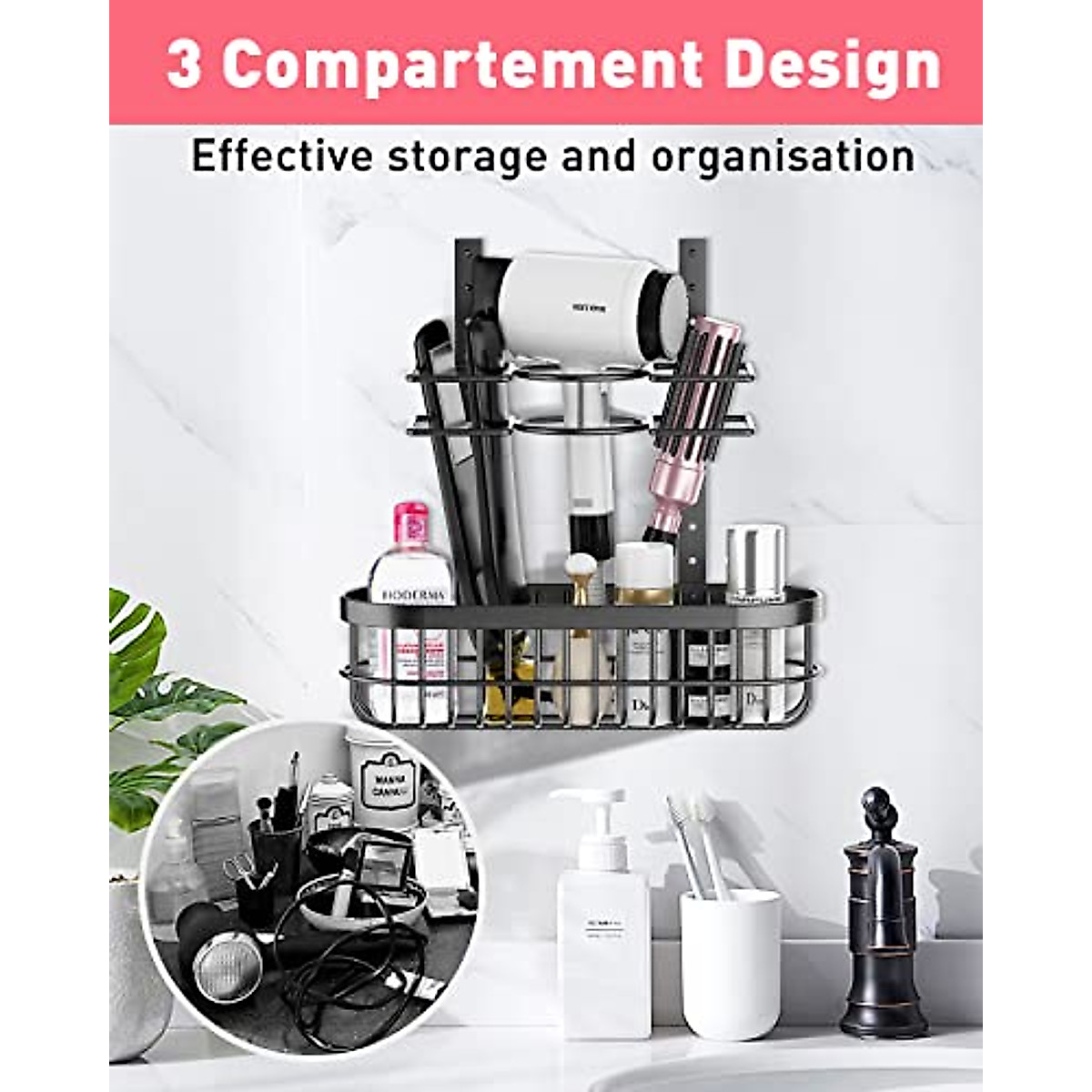 Hair Dryer Holder, Hair Dryer Holder Adjustable Height, Bathroom Hair Dryer Organizer Under Sink, Over Door/Over Cabinet Hair Dryer Holder for Flat Irons, Curling Wands, 3 Sections Large Capacity