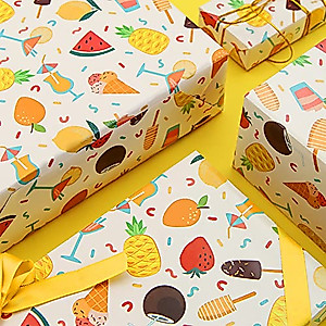 Hawaiian Gift Wrap 6 PCS,20 X 28 Inch Summer Yellow Wrapping Paper,Watermelon Orange Pineapple Lemon Strawberry Pattern Funny Tropical Wrapping Paper For Birthday Baby Shower Aloha Hula Party Decor