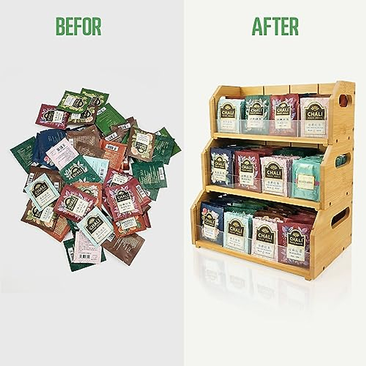 Bamboo Tea Bag Storage Containers- Tea Organizer for Tea Bags Cabinet- Tea Caddy Packet Rack Teabag Shelf Coffee Holders for Office Kitchen- Wooden 3 Tier