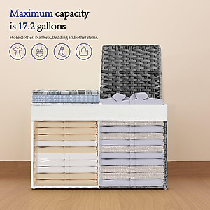 KUREEISE Storage Basket with Lid, 65L Woven Blanket Storage Basket with Handles, Removable Liner with Divide, Metal Frame, Storage Bin for Bedroom, Laundry Room（Gray-White）