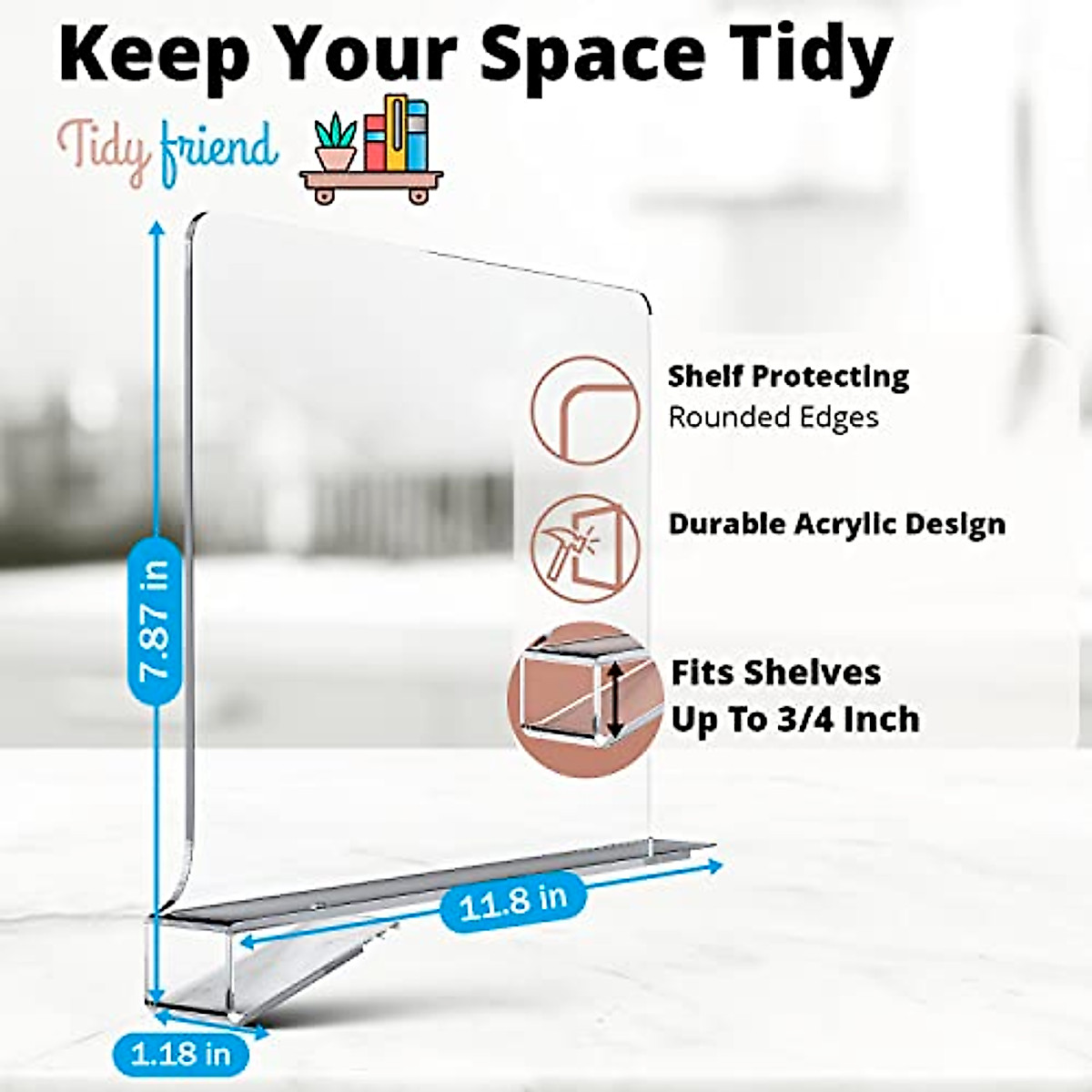 Tidy Friend Clear Acrylic Shelf Dividers for Closet Organization - Durable Closet Shelf Divider, Book Shelf or Pantry Shelf Divider for Wood Shelves - Pack of 4 Space Saving Shelf Organizers