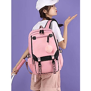 GDFENDU Japanese Anime Backpacks with Keychains,USB Charging Port Student School Bag Laptop Cosplay for Boys Girls (Pink)