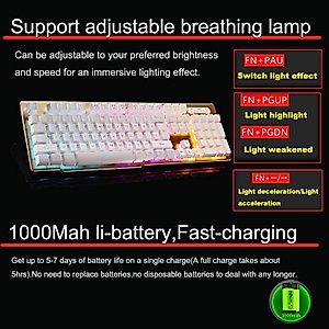 Rechargeable Keyboard and Mouse,Suspended Keycap Mechanical Feel Backlit Gaming Keyboard Mouse Set-Wireless 2.4G Drive Free,Adjustable Breathing Lamp,Anti-ghosting,12 Multimedia Keys (White-Combo)