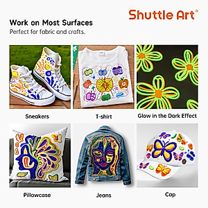 Shuttle Art Fabric Paint Set, 45 Colors 3D Permanent Paint with Brushes Palette Fabric Pen Fabric Sheet Stencils, Glow in The Dark, Glitter,Metallic Colors for Textile Fabric T-Shirt Jeans Glass