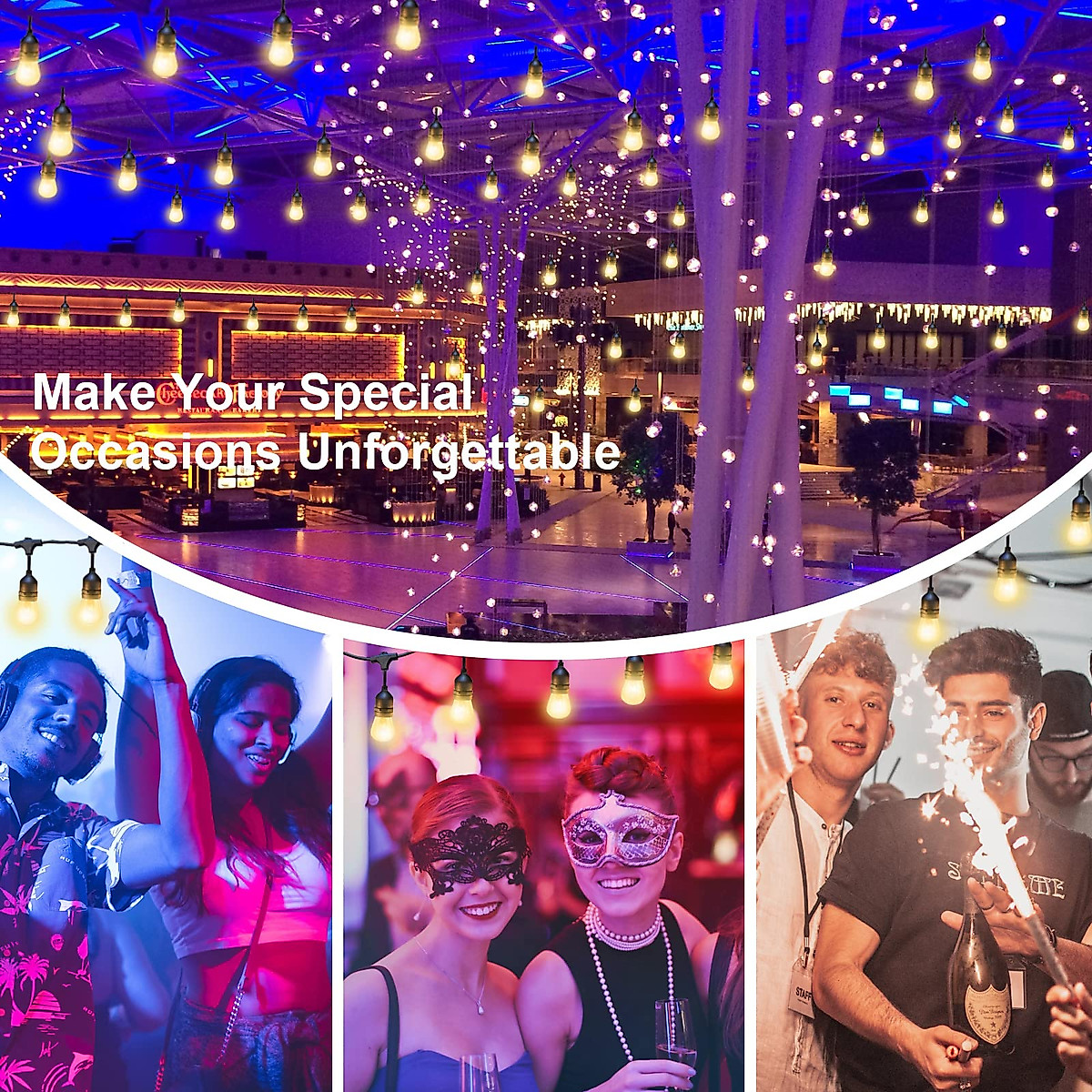 AONNYO 49FT Outdoor String Lights with 11W Edison Bulbs, Waterproof 15 Hanging Sockets with 15 Shatterproof LED Bulb Garden Light String, Create Ambience for Party, Backyard, Garden(49FT-WarmWhite)