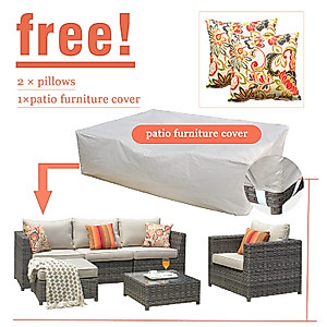 XIZZI Patio Furniture Sets Outdoor Sectional Sofa,No Assembly Required 6 Pieces Big Size Aluminum Conversation Set with 2 Pillows and Furniture Cover,Grey Wicker Beige Cushion