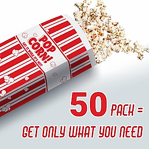 Retro, Grease Resistant Popcorn Bags 50 Pack. Single Serving 1oz Paper Sleeves in Nostalgic Red/White Design Movie Theme Party and Old Fashioned Carnivals & Fundraisers Old School Supplies