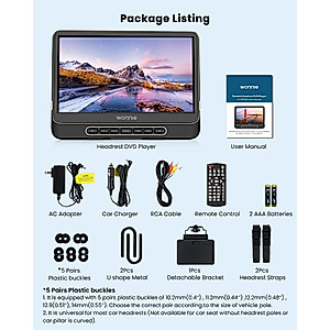 WONNIE 12" Headrest DVD Player Portable for Car, Support 1080P/MP4 Video with HDMI Input/Output, Mounting Bracket, AC Adapter, Car Charger, AV Out, USB Card Reader, Last Memory