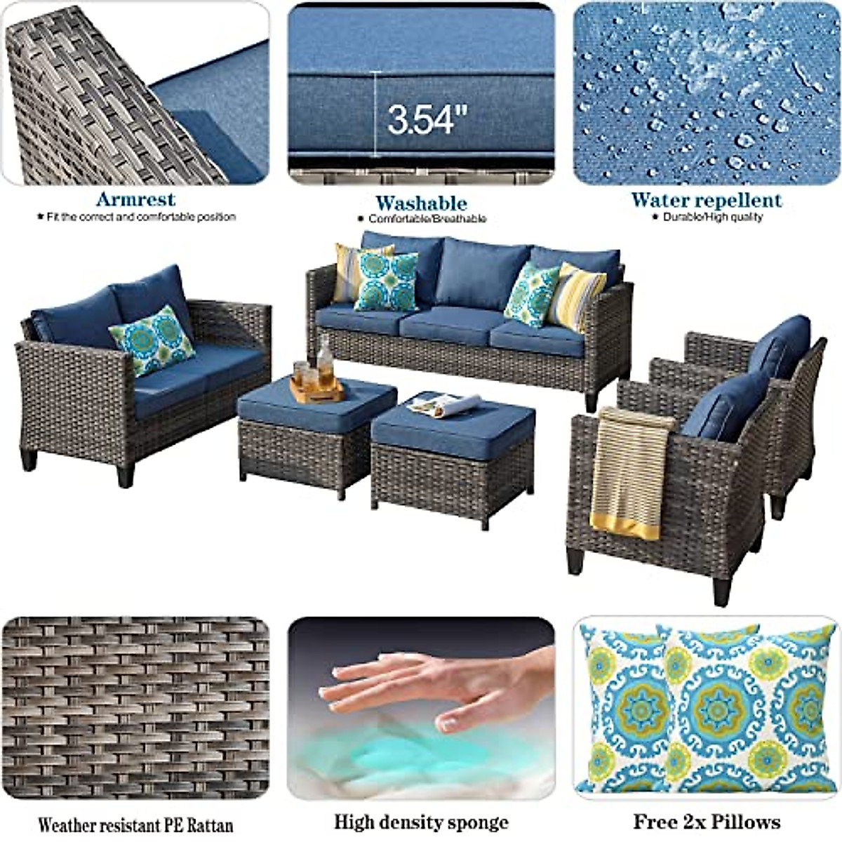 ovios Patio Furniture Set 6 PCS Outdoor Sectional Sofa Set with Loveseat Chairs Ottomans High Back Sofa All Weather Wicker Rattan Conversation Sets for Yard Porch (Denim Blue)