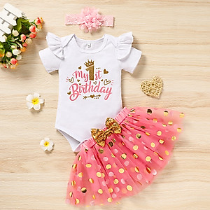 GRNSHTS Baby Girl First Birthday Outfit Smash Cake Outfit My 1st Birthday Romper+Tutu Skirt+Headband Onederland Outfit(Pink,12-18 Months)