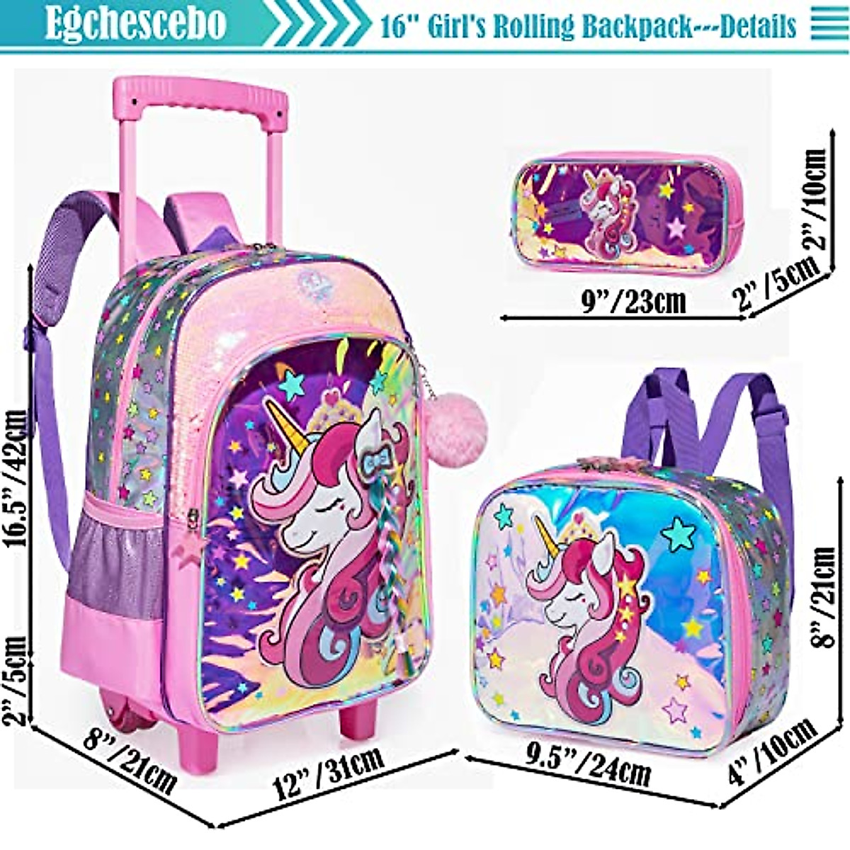 Egchescebo kids Rolling Kid Travel Toddler Duffle Bag Unicorn Backpack for Girls Carry on Luggage Roller Computer Suitcase with Pencil Case and Lunch Box Wheels Wheeled Braid Toy Backpacks Pink