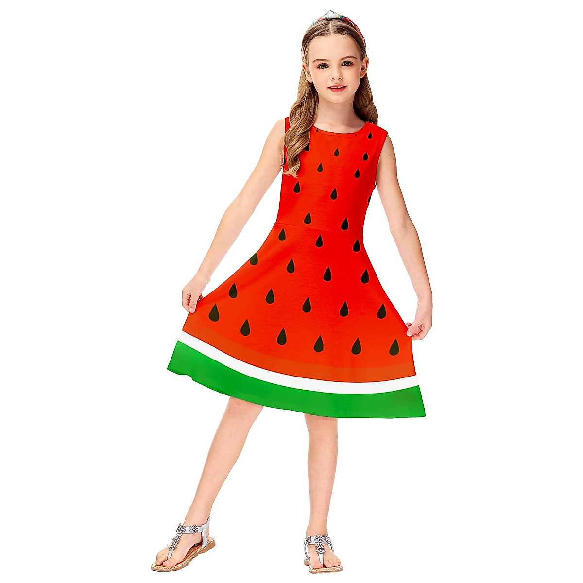 Girls Watermelon Dress Summer Sleeveless Tank Dress Fruit Printed Twirl Skater Flowy Dress 5-6 Years