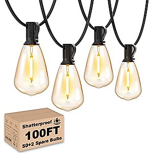 Svater Outdoor String Lights 100ft ST38 Patio String Lights with 52 Waterproof Shatterproof LED Bulbs(2 Spare) Connectable Lights for Outside Backyard Garden Porch