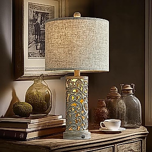 OYEARS 3-Way Dimmable 22'' USB A+C Touch Control Table Lamp with Nightlight for Living Room Bedroom Farmhouse Bedside Nightstand Lamps (1 Bulbs and 1 Built-in LED Beads Included)