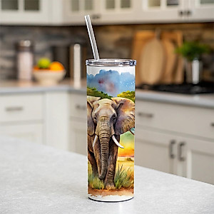 Elephant African Plain Watercolor Design Skinny Tumbler 20oz with Straw Insulated Water Bottle Gift