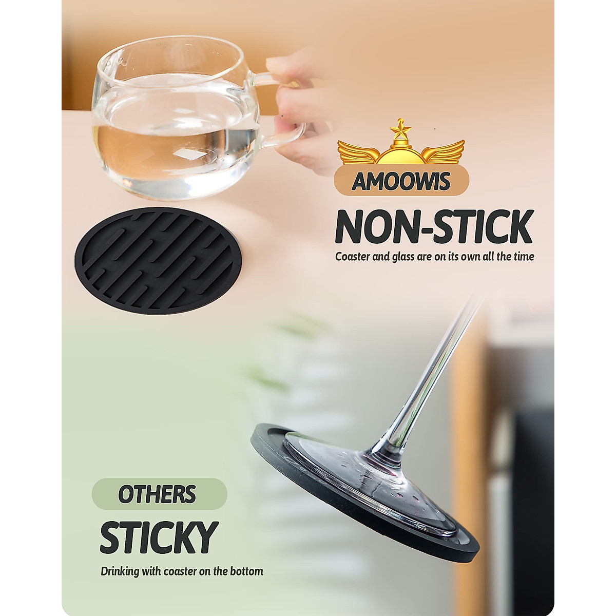 Amoowis Coasters for Drinks, Silicone Coasters Set of 8 with Holder, Drink Coasters for Coffee Table, Thickened Coaster for Wooden Table, Cup, Desk, Bar, Office, Anti-Slip, Non-Stick, Easy to Clea