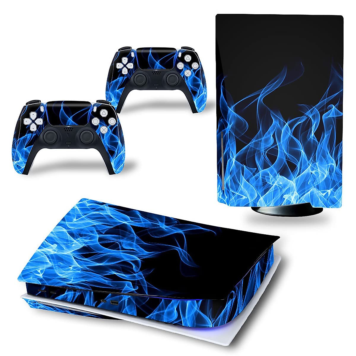 Vinyl Skin Sticker Decal Cover for PS5 Disk Version, Blue Fire PS5 Console and Controllers Skin