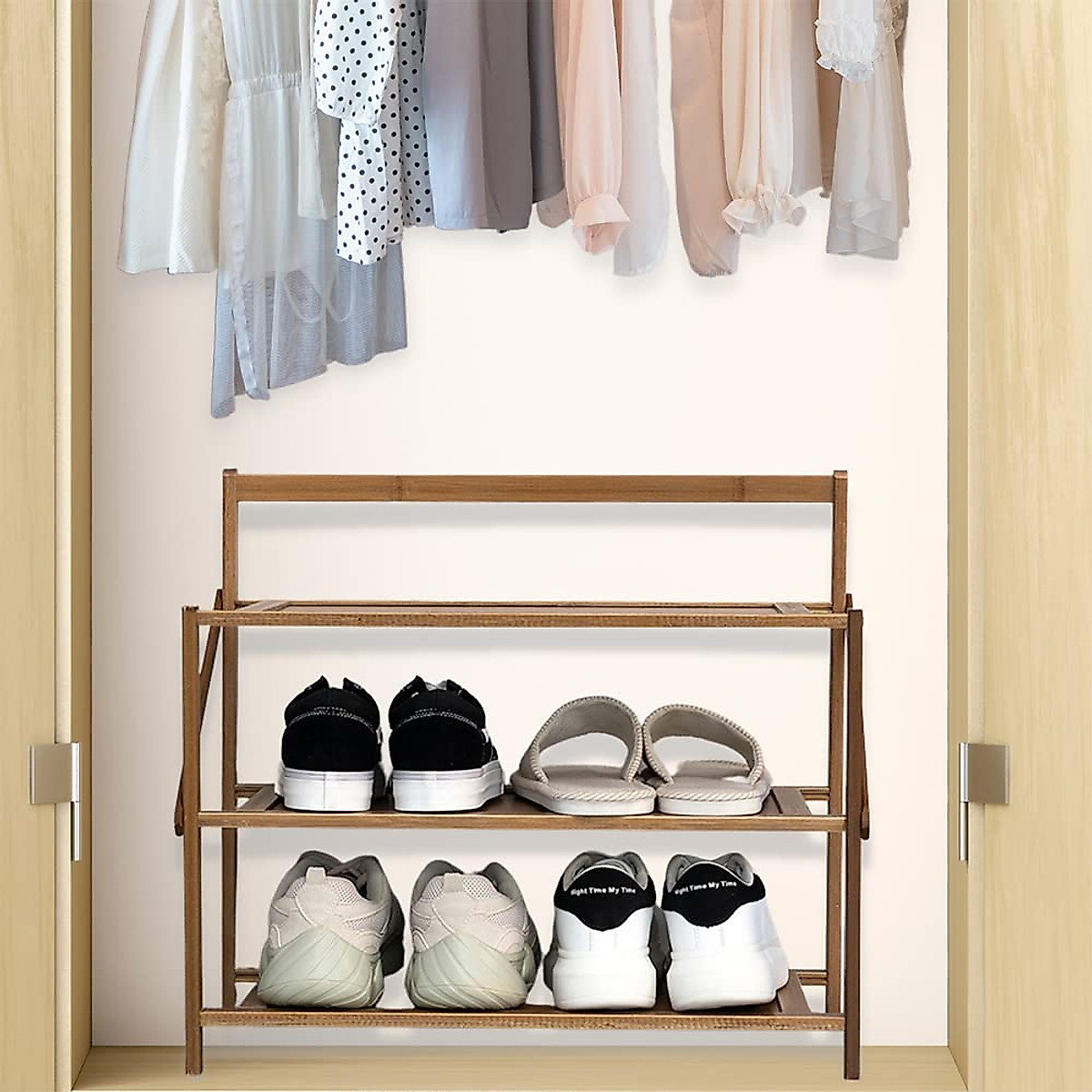 Small 3-Tier Shoe Rack for Closet & Entryway, Installation-Free Foldable Bamboo Shoes Storage Organizer, Sturdy Free Standing Three Shelf Shoe Stand for 6-9 Pairs, Brown 20x18x9 Inches