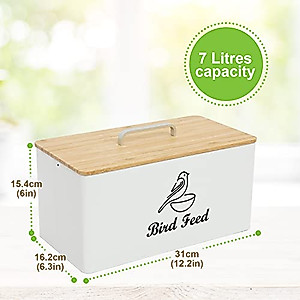 Brabtod Bird Seed Storage Container-Rectangular Pet Food Tin-with Bird Seed Scoop,Metal Airtight Bird Food Feeder with Wooden Lid, Ideal Store Sunflower Seed Wild Birdseed-White