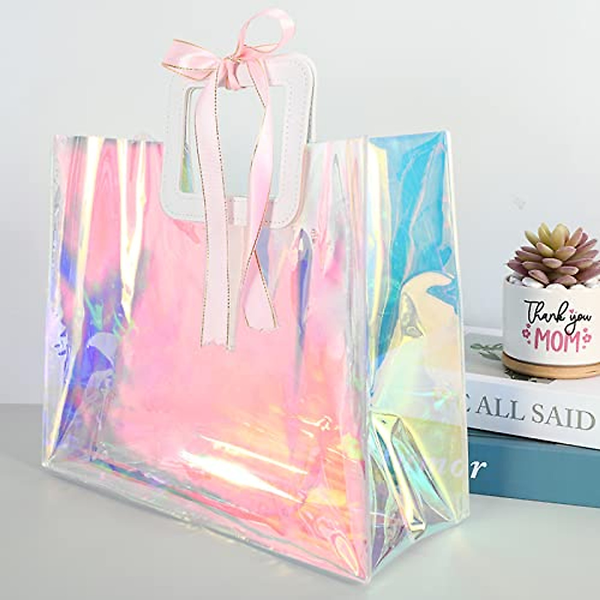 Whaline 5Pcs Large Holographic Gift Bags 12.8 x 11.6 x 5.7 Inch Iridescent Clear Reusable Tote PVC Gift Wrap Handbags Waterproof Shopping Bags for Wedding Birthday Baby Shower Party Supplies