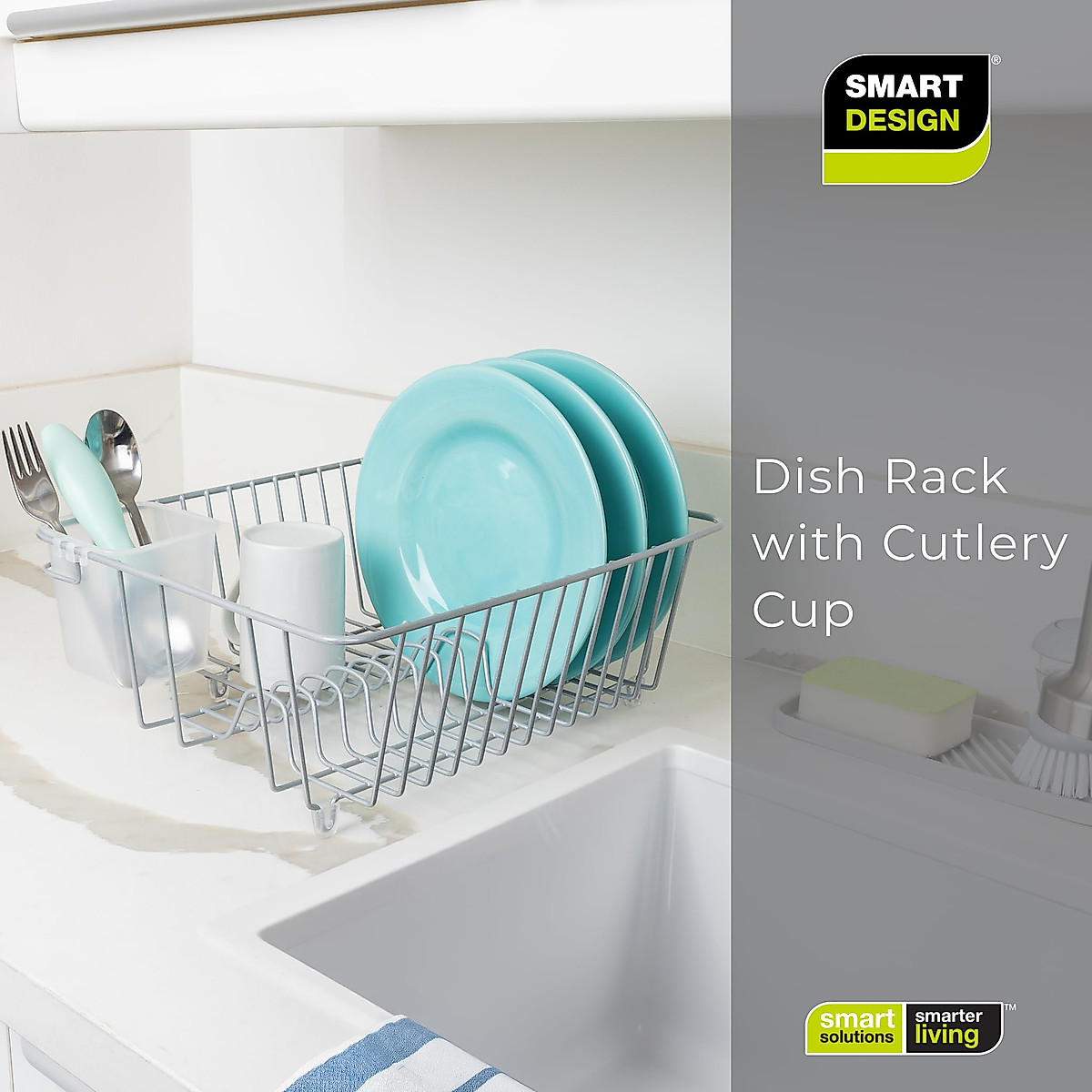 Smart Design Dish Drainer Rack - Small - in Sink or Counter Drying - Steel Metal Wire - Cutlery, Plates, Dishes, Cups, Silverware Organization - Kitchen (Silver - 14 x 5.5 Inch)