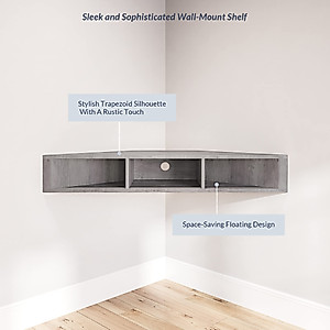 BELLEZE 47 Inch Modern Floating Wall Mounted Corner Shelf, TV Console with Three Shelves and A Cable Cutout, Space Saving Decorative Media Corner Storage - Russel (Gray Wash)