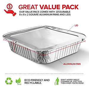 8x8 Foil Pans with Lids (10 Pack) 8 Inch Square Aluminum Pans with Covers - Foil Pans and Foil Lids - Disposable Food Containers Great for Baking Cake, Cooking, Heating, Storing, Prepping Food