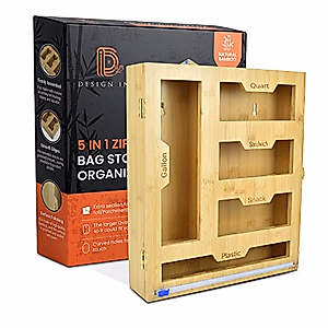DESIGN INN 5 in 1 Bamboo Ziplock Bag Organizer for Drawer with Cling Wrap Dispenser and Cutter - Suitable for Gallon, Quart, Sandwich & Snack Variety Size Bags