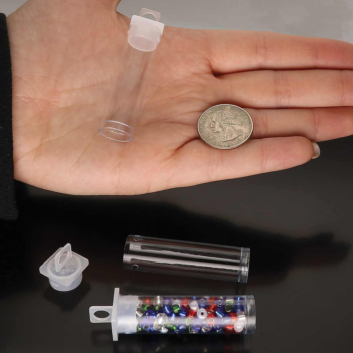 The Beadsmith Clear Plastic Tubes - 2-Inch-Long Round Tubes, 9/16 Inches in Diameter - Hanging Caps - Use for Beads, Bath Salts, Wedding & Party Favors, Home or Office Storage - Bag of 100