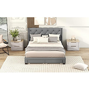 ALYSAHOME Upholstered Queen Size Platform Bed with Storage for Kids,Adults Bedroom,Linen Fabric Bedframe w/Two Drawers & Tufted Nailed Headboard,Space Saving Design & No Box Spring Needed, Gray