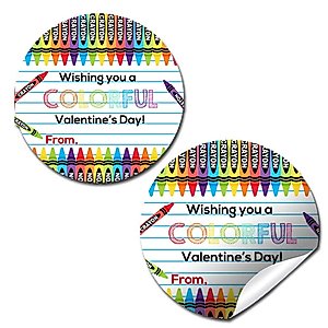 Colorful Crayon Valentine Party Favor Sticker Labels, 40 2" Party Circle Stickers by AmandaCreation, Great for Classroom Valentines, Envelope Seals, Gifts & Treats