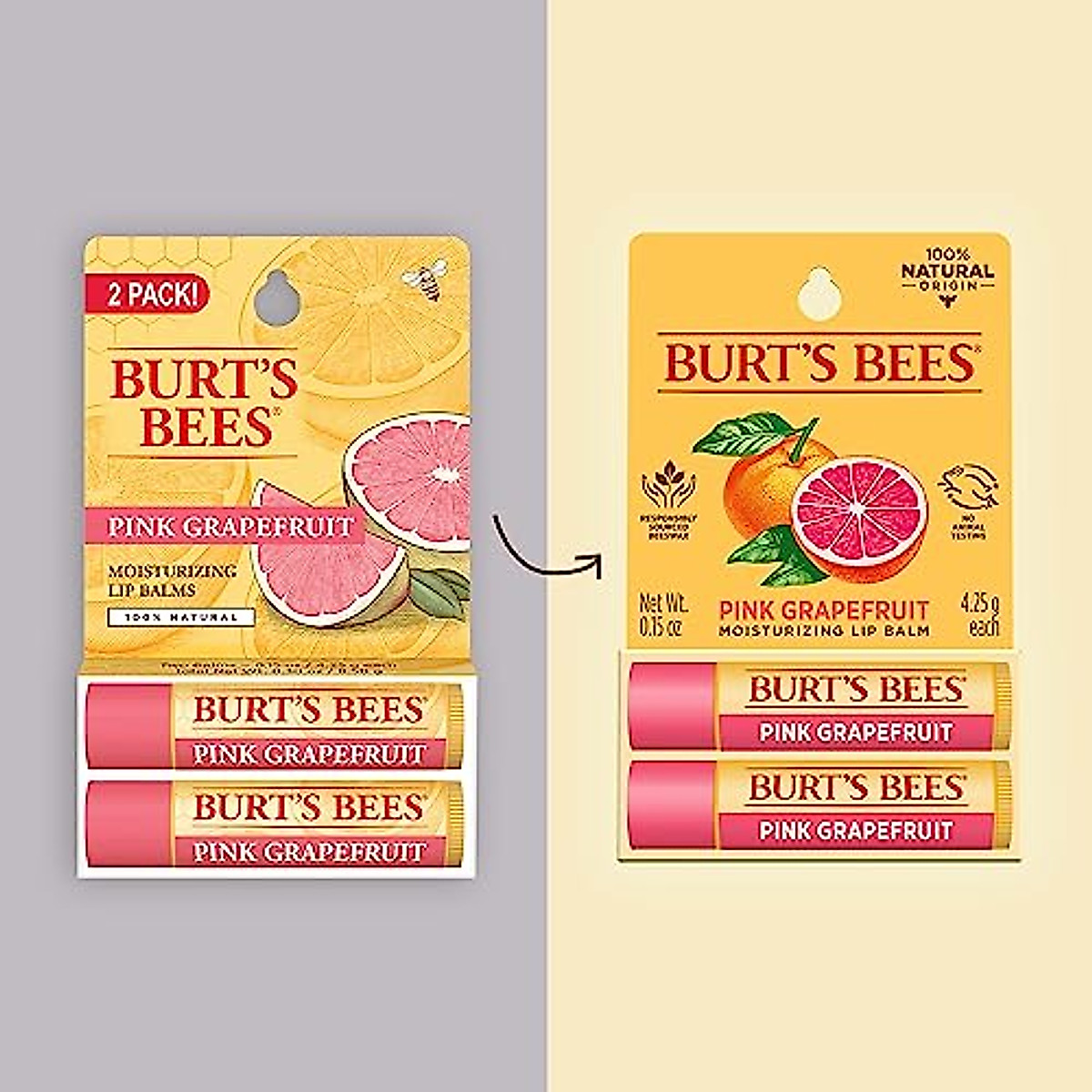 Burt's Bees Lip Balm - Pink Grapefruit, Lip Moisturizer With Responsibly Sourced Beeswax, Tint-Free, Natural Origin Conditioning Treatment, 2 Tubes, 0.15 oz.