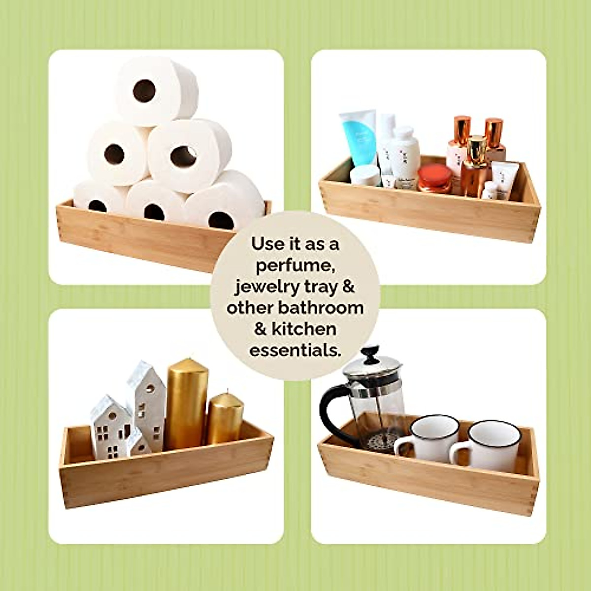 JUJO Bambooware - Bamboo Bathroom Tray, Bathroom Tray Organizer Bamboo Bathroom Accessories, Waterproof Vanity Tray, Bathroom Trays for Toiletries, Perfume, and More, Large, 15 x 6 x 3 in, Natural