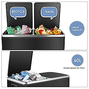 finetones Dual Step Trash Can, 16 Gallon (30L) Stainless Steel Garbage Can with 2 Soft-Close Lid and 2 Removable Inner Wastebasket, Bin Body with Handle for Kitchen, Home Office, Black…