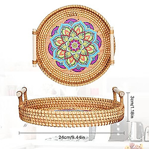 Elesunory Hand-Woven Rattan Serving Tray, Rattan Round Serving Tray with Handle, Coffee Tray Decor for Serving Coffee, Drinks, Bread, Fruit, Vegetables, Snacks