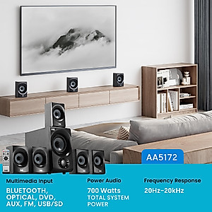 Acoustic Audio AA5172 700W Bluetooth Home Theater 5.1 Speaker System with FM Tuner, USB, SD Card, Remote Control, Powered Sub (6 Speakers, 5.1 Channels, Black with Gray)