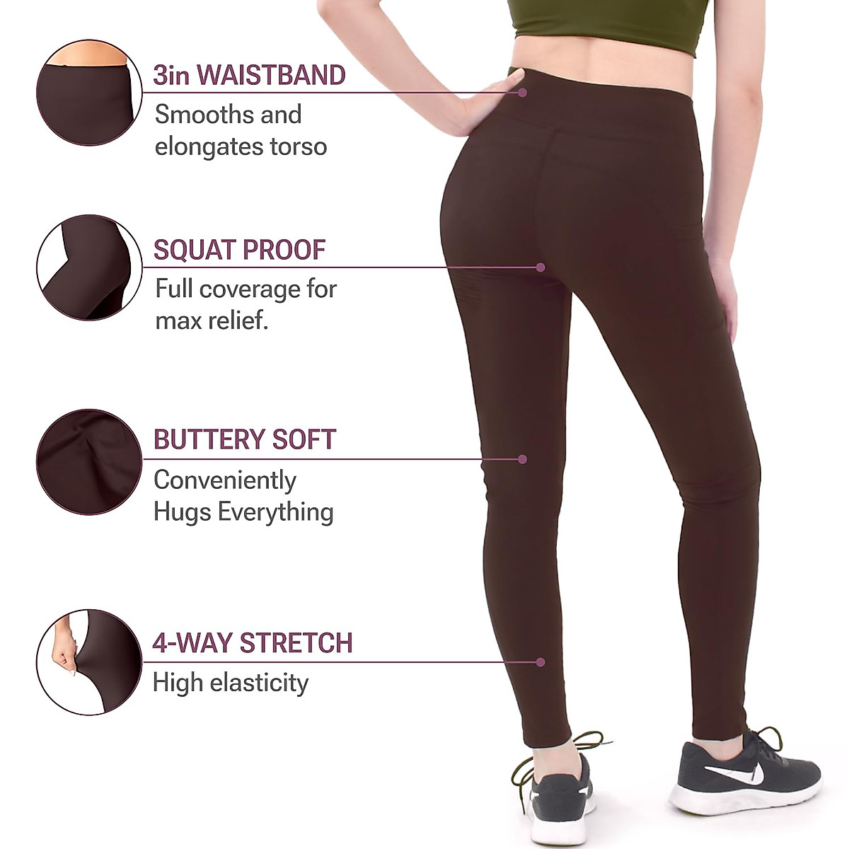 SATINA High Waisted Brown Leggings for Women - Soft, Stretchy Leggings with Side Pockets - Full Length Yoga Pants for Women - Tummy Control and Buttery Soft Fabric for All-Day Comfort - One Size