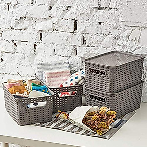 EZOWare set of 4 Lidded Storage Bins, Small Plastic Stackable Weaving Wicker Organizing Baskets Boxes Containers with Lids and Handle, 11 x 7.3 x 5.1 inch