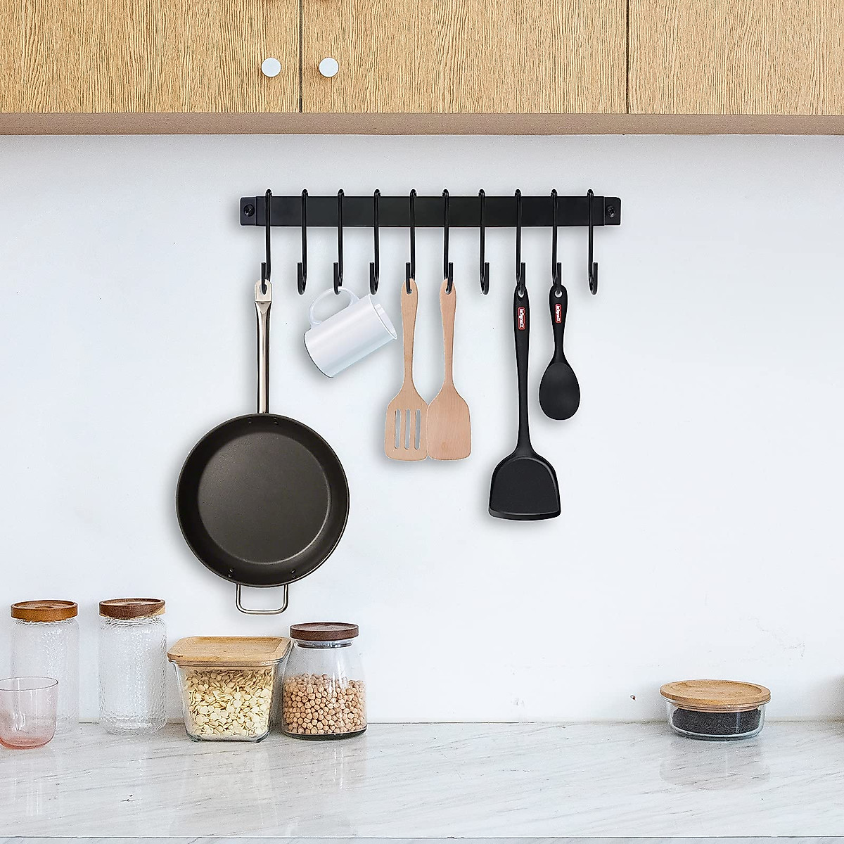 Utensil Holder, Kitchen Rail with 10 Hooks, Kitchen Pots Pans Organizer Hanger, Wall Mounted Wrought Iron Hanging Utensil Holder Rack with Black 17 Inch for Coffee Mug Rack Cup Hanging Kitchen Black…