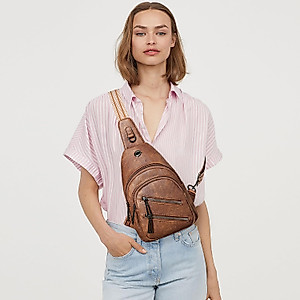 LATMAP 7L Sling Bag For Women Men Cross body Chest Bags Small Backpack Purse Fanny Pack Shoulder Travel Belt Bag Faux Leather Brown