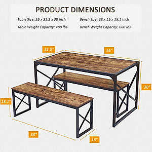 VECELO Kitchen Table with 2 Benches for 6,Wood Dining Room Dinette Sets with Metal Frame for Breakfast Nook and Small Space, 55", Brown