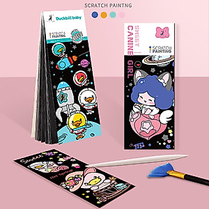 40 Card Rainbow Sparkle Scratch Painting Note, Hand-Eye Coordination Art&Crafts, Mini Magic Scratch DIY Graffiti Creative Bookmarks Gift for Kids&Adults, 8.5''x3.2'' (Canine Girl/Duckbill Baby Space)