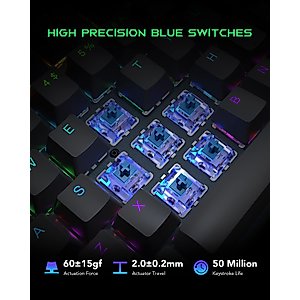 Black Shark RGB Mechanical Gaming Keyboard LED Backlit Wired Keyboard with Blue Switches, Fully Programmable, Anti-Ghosting 104 Keys for Desktop PC, Sixgill K2
