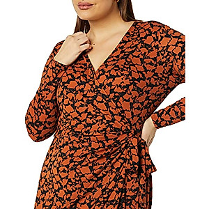 Amazon Essentials Women's Long Sleeve Classic Wrap Dress (Available in Plus Size), Brown Floral Print, Large