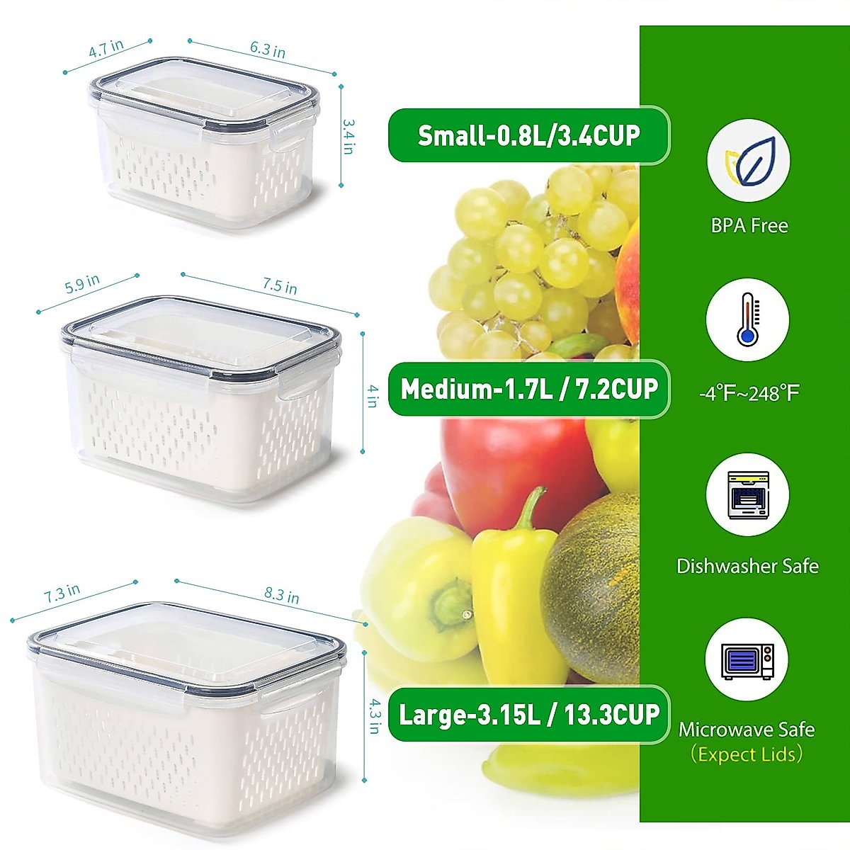 Pack of 3 Fruit Fresh Produce Protector, Grape Container for Fridge, Fruit Saver Lettuce Container with Drain Colanders, Partitioned Salad Container, Refrigerator Organizer for Lettuce Berry Food (3)