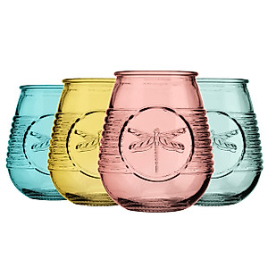 Glaver's Set Of 4 21 Oz. Colored Glasses, Multicolor Embossed Dragonfly Wine Glasses, Vintage Drinking Glasses, Tumblers For All You Favorite Cocktails And Beverages, Handwash Only
