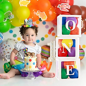 First Birthday Decorations for Boy Girls, ONE Balloon Boxes with Rainbow Balloons, ONE Blocks for Cartoon Watermelon Street Rainbow Theme Baby 1st Birthday Backdrop, Cake Smash Photo Props