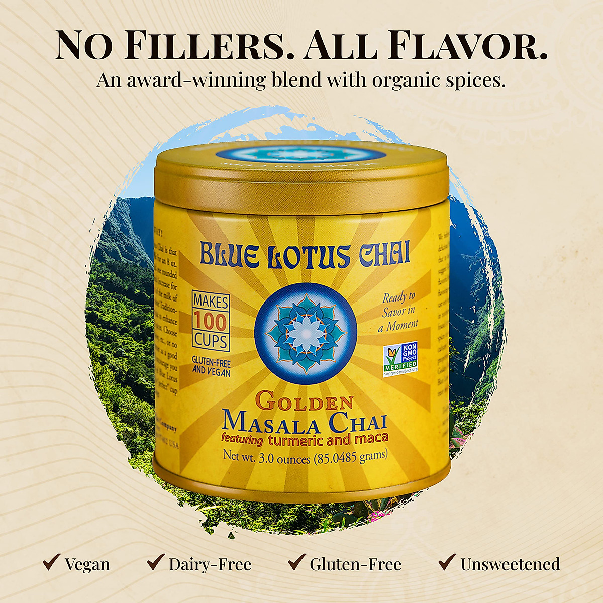 Blue Lotus Chai - Golden Masala Flavor Chai - Makes 100 Cups - 3 Ounce Masala Spiced Chai Powder with Organic Spices - Instant Indian Tea No Steeping - No Gluten