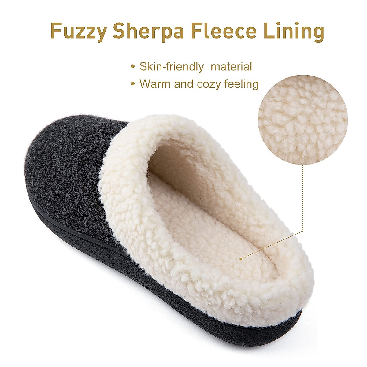 Wishcotton Women's Lamb-rub Sherpa House Slippers Memory Foam Indoor Outdoor, Black, 8-9 US