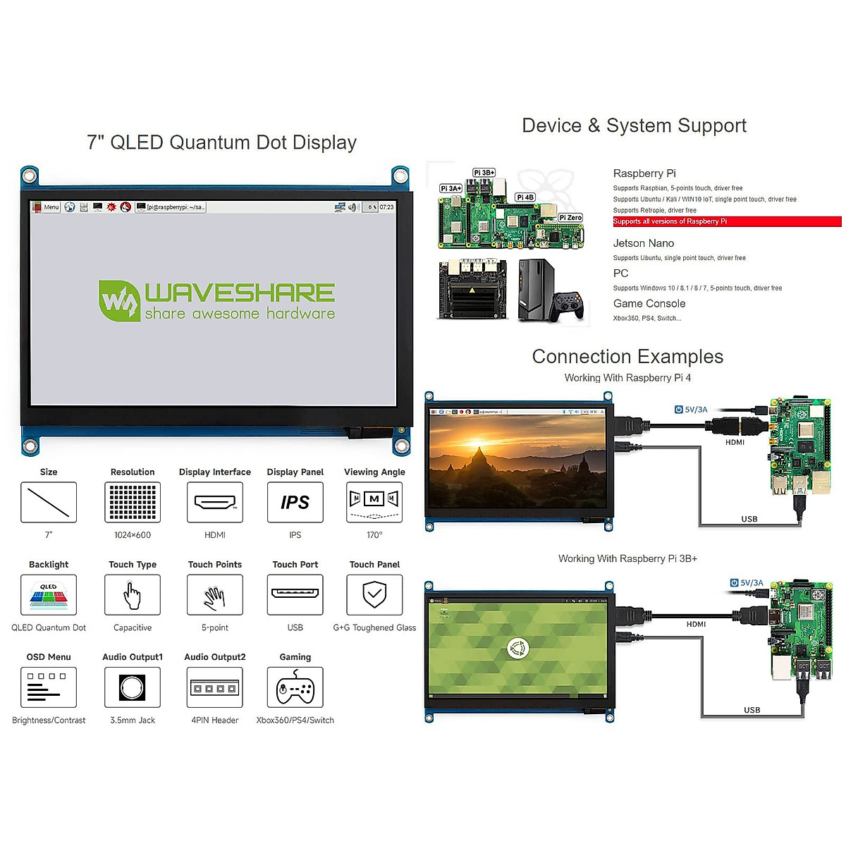 waveshare 7inch QLED Quantum Dot Display Compatible with Raspberry Pi 4B/3B+/3A+/2B/B+/A+/Zero/Zero W/WH/Zero 2W CM3+/4 Capacitive Touch 1024×600 Resolution Supports Jetson Nano/Windows